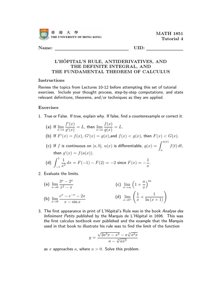 T4 - LHopitals Rule, Antiderivatives, Area, The Definite Integral, and FTC | PDF | Integral ...
