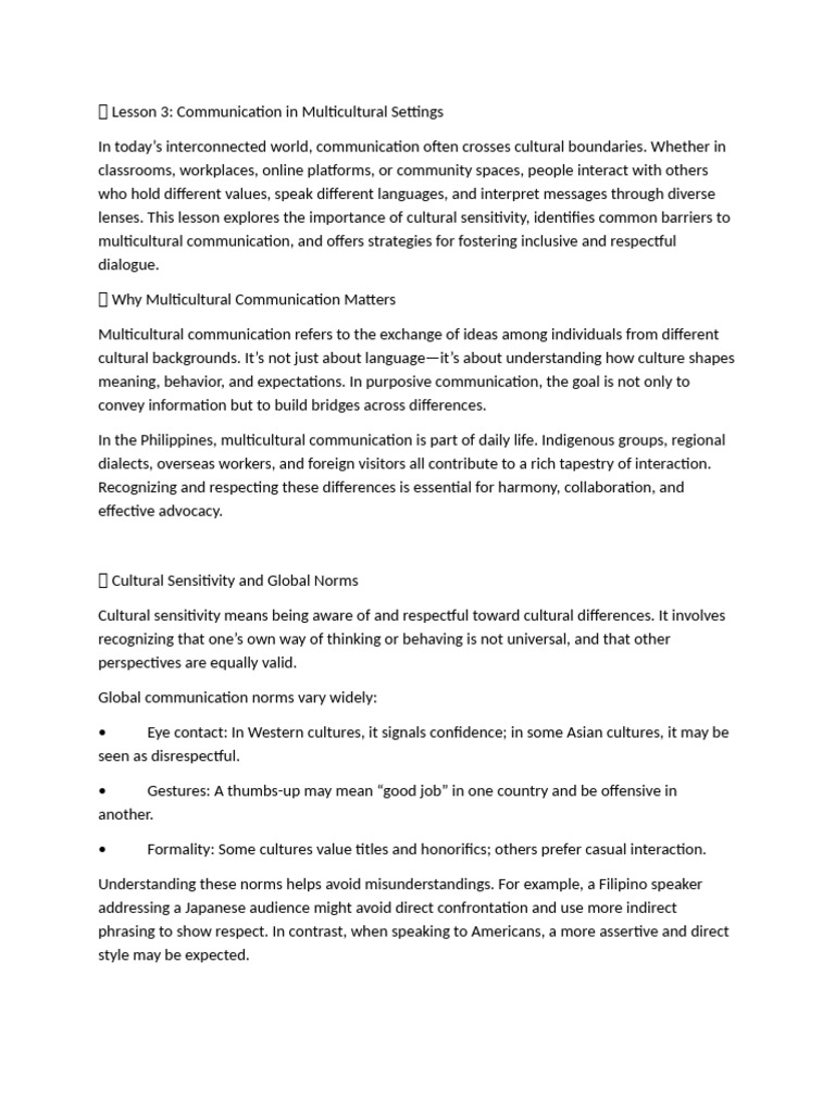 Lesson 3 - Communication in Multicultural Settings | PDF ...