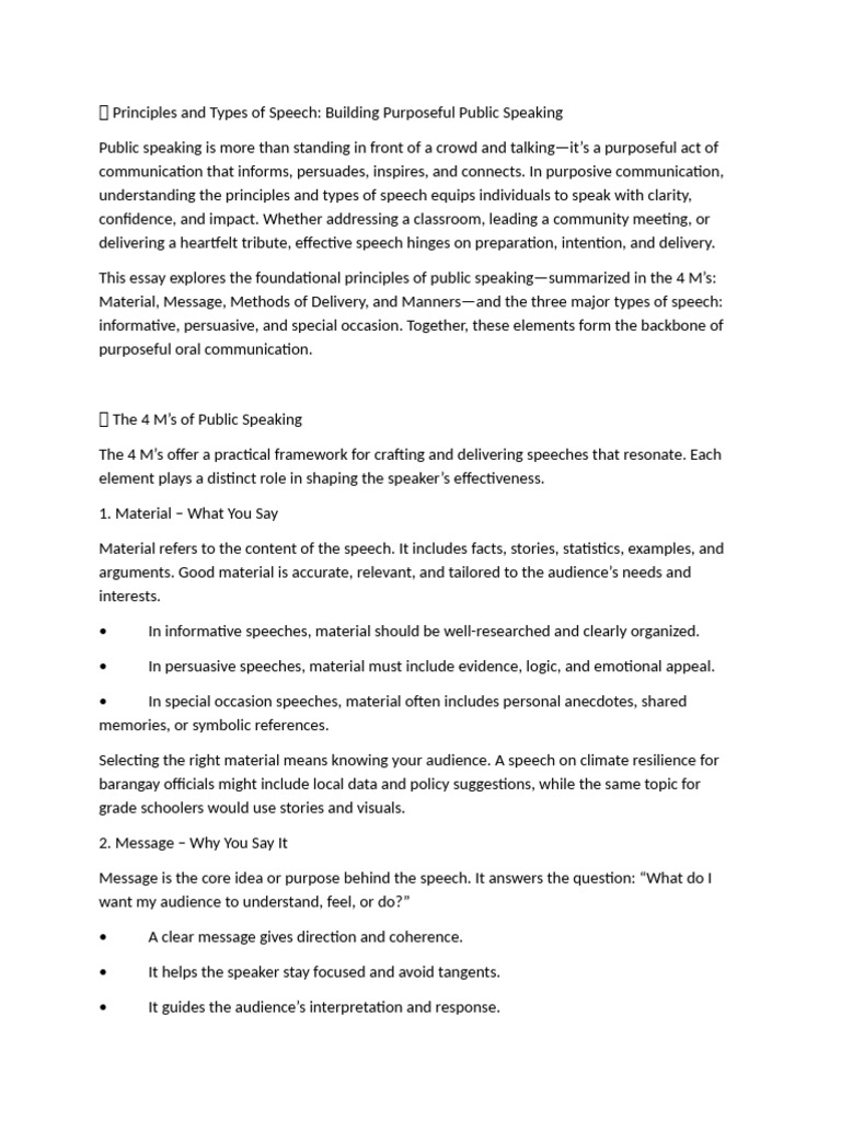 Principles and Types of Public Speech | PDF | Public Speaking | Rhetoric