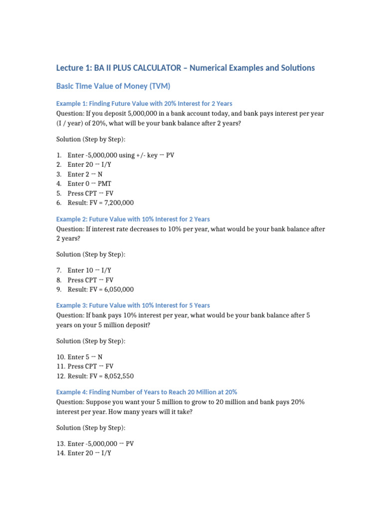 BA II PLUS Calculator TVM Examples | PDF