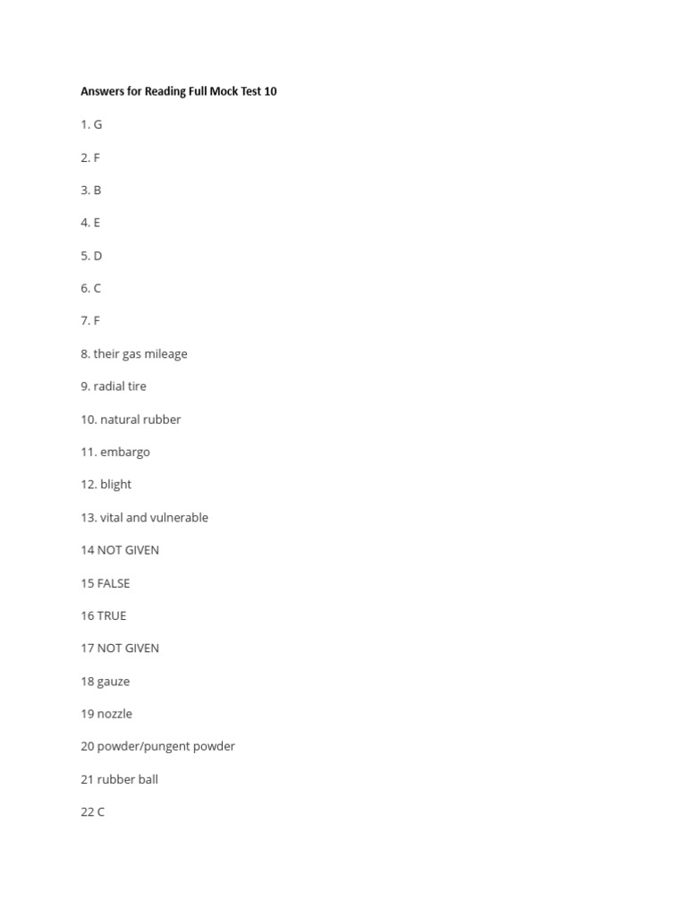 Answers For Reading Full Mock Test 10 | PDF