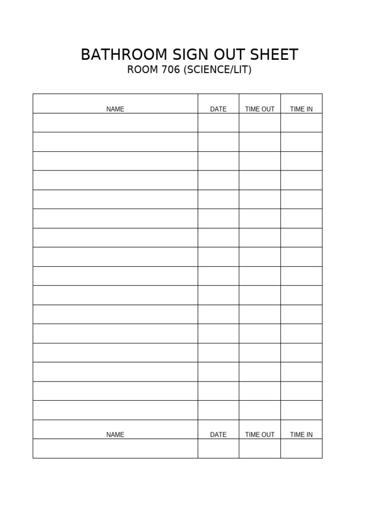 Bathroom Sign Out Sheet Word Template Free Download | PDF