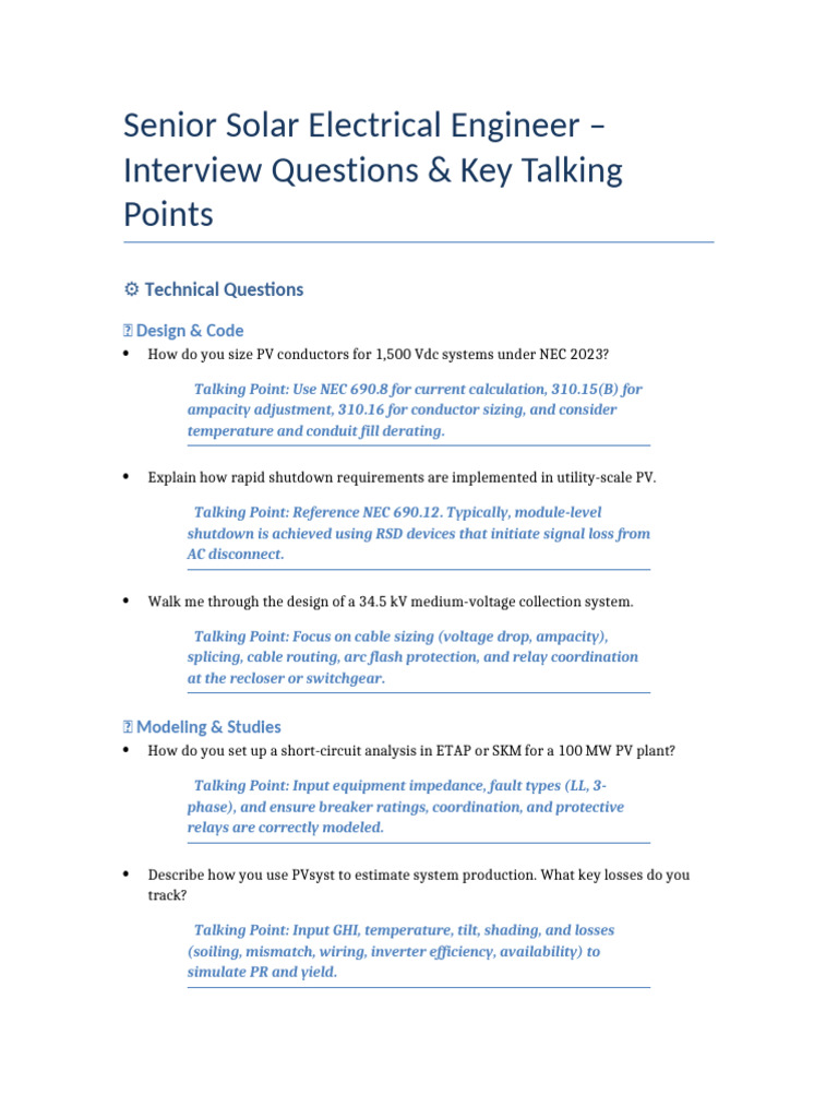 Senior Solar Electrical Engineer Interview Questions and Answers | PDF ...