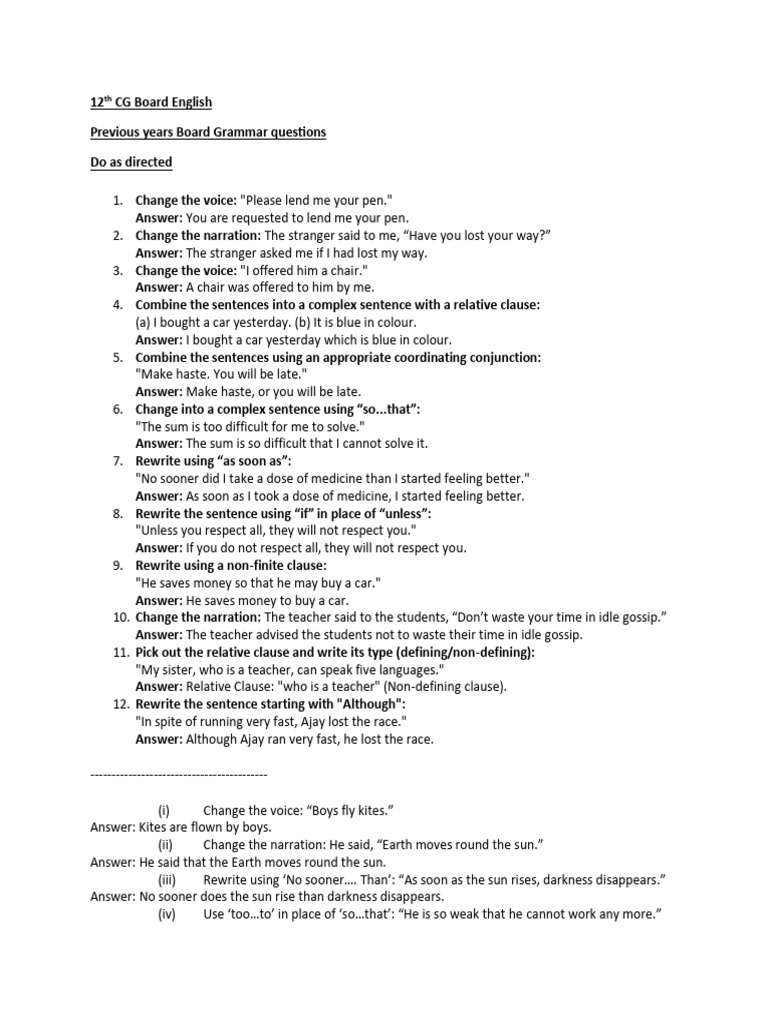 Grammar Exercises for 12th CG Board | PDF | Sentence (Linguistics ...