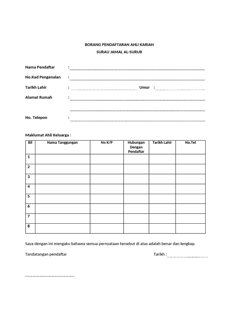 Borang Pendaftaran Ahli Kariah Pdf