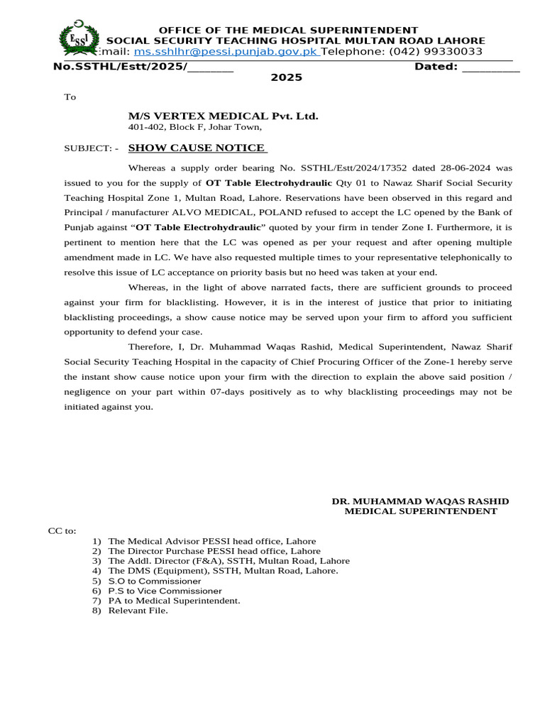 Show Cause Notice to Vertex Medical | PDF | Government | Justice
