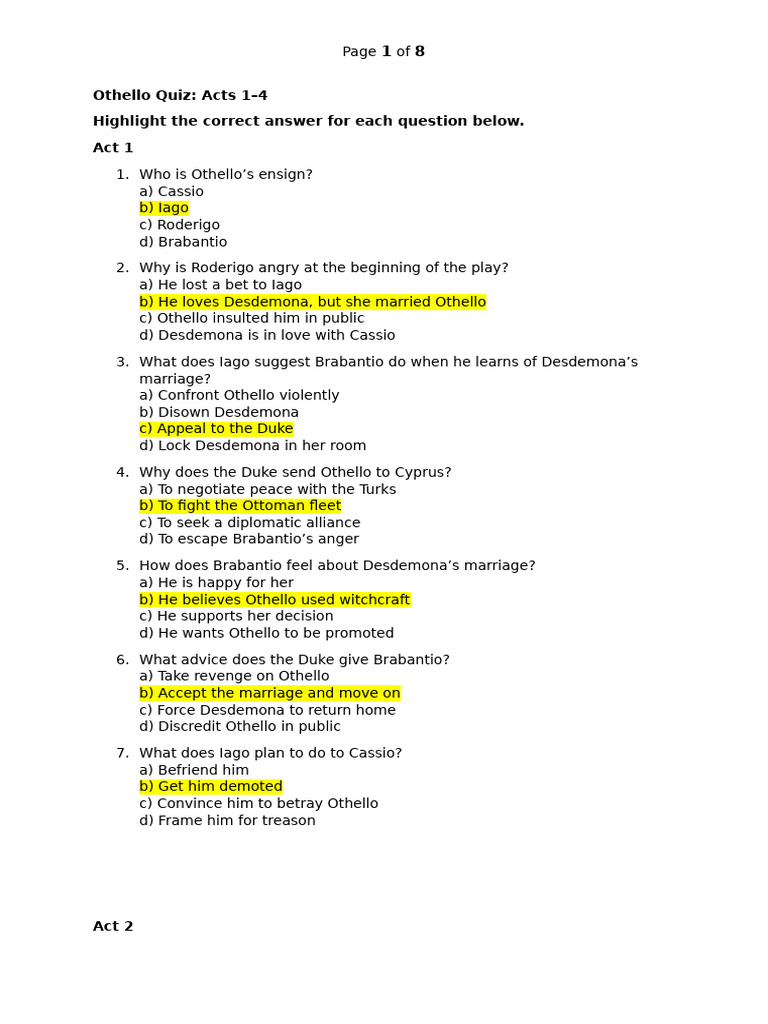 Othello Quiz: Acts 1-4 Questions | PDF | Othello | Iago