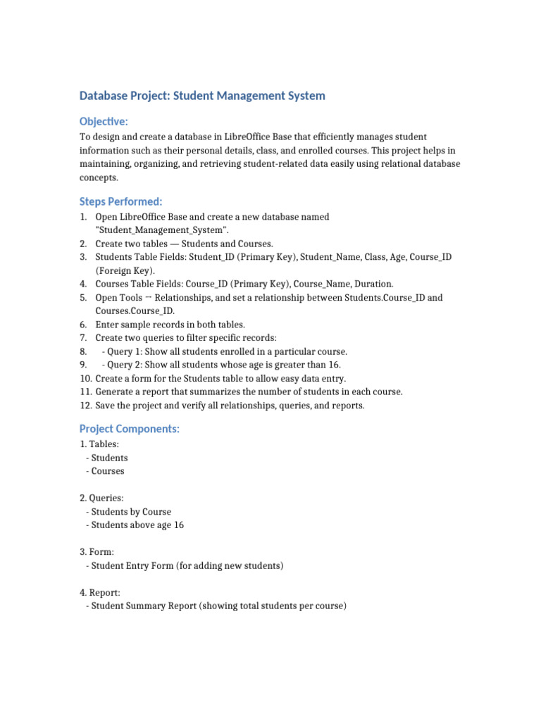 LibreOffice Base Project Student Management System | PDF