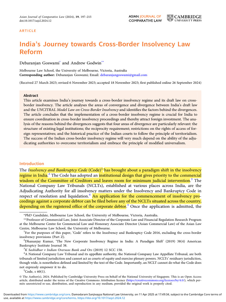 Indias Journey Towards Cross Border Insolvency Law Reform | PDF ...