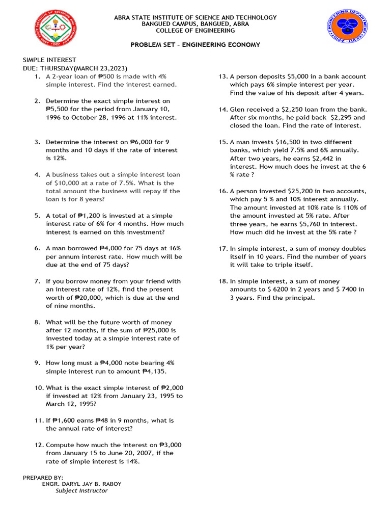 Engineering Economy Problem Set | PDF | Interest | Banks