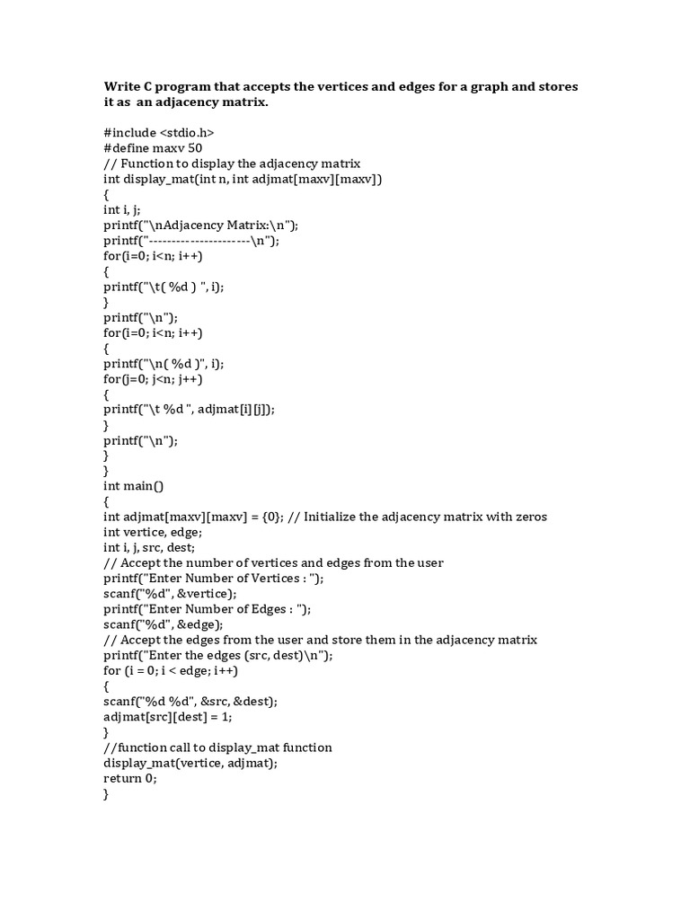 Write C Program That Accecpts The Verticle And Edg Pdf Mathematical 7680