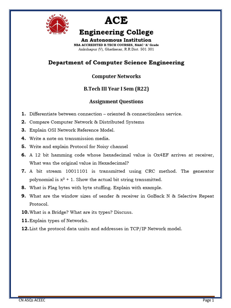 Computer Networks Assignment Questions Mid 1 (1) | PDF