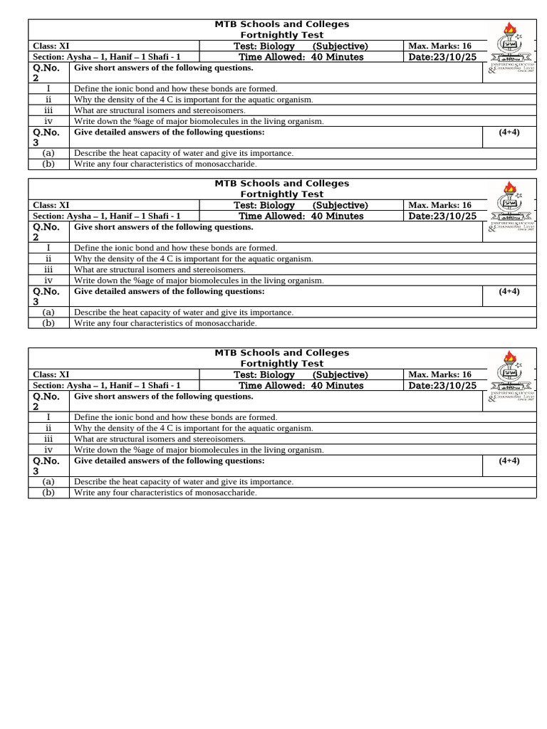 Class XI Biology Test Questions | PDF | Space | Physical Chemistry