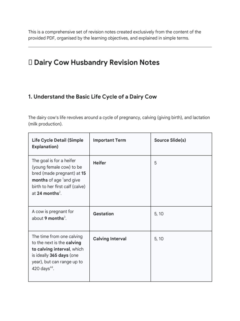 Dairy Cow Husbandry Revision Notes | PDF | Dairy Cattle | Cattle