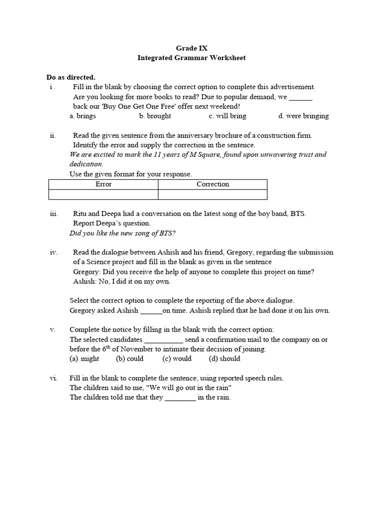 Grade IX Integrated Grammar Exercises | PDF