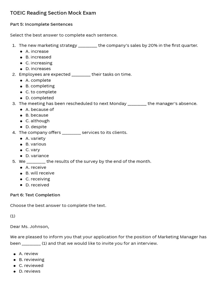 TOEIC Reading Mock Exam Practice | PDF | Internet | Coral Reef