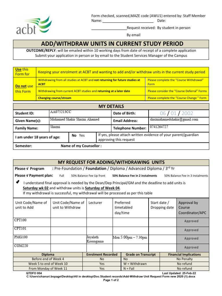 Add-Withdraw Unit Request Form New | PDF