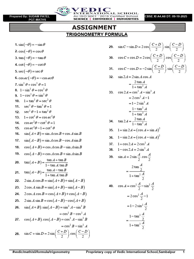 Trigonometry Formulas for CBSE Class 12 | PDF | Chess | Chess Theory