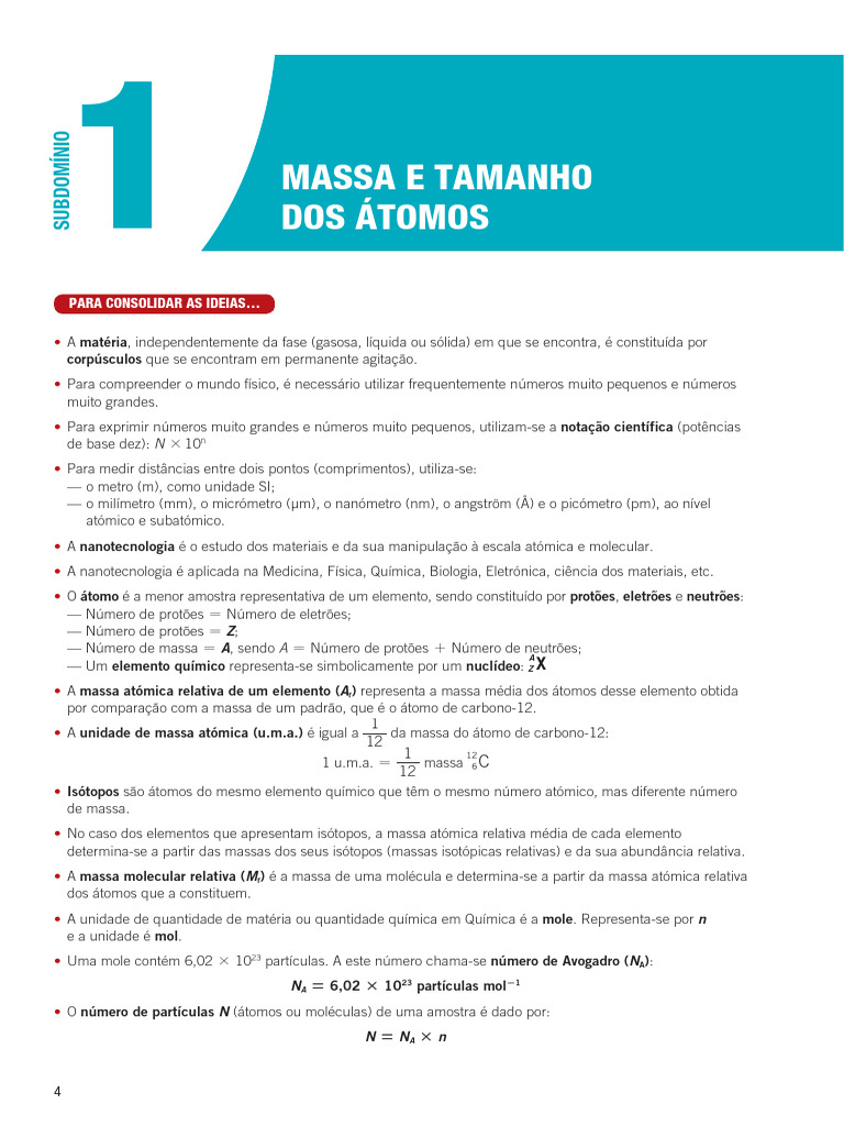 Massa e Tamanho dos Átomos: Conceitos e Cálculos | PDF | Átomos | Mol ...