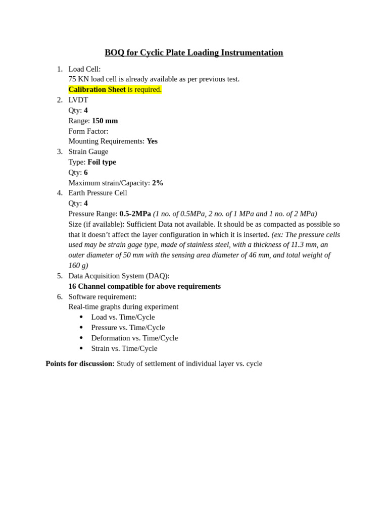 BOQ For Cyclic Plate Loading Instrumentation | PDF