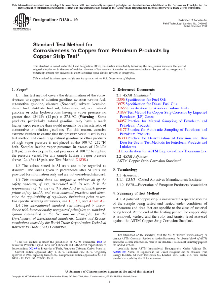 Copper Corrosion Test Method D130-19 | PDF | Gasoline | Pressure