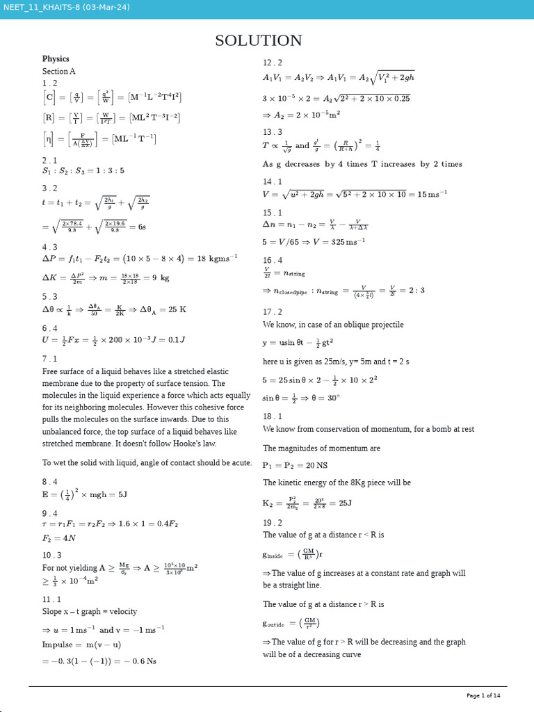 Neet 11 Khaits-8 (03-Mar-24) Sol | PDF | Force | Collision