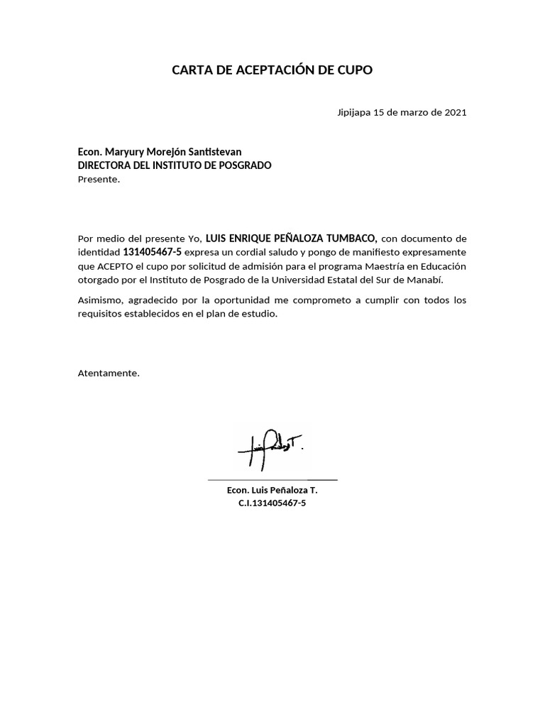 Carta de Aceptación de Cupo Gabriel Acuña | PDF