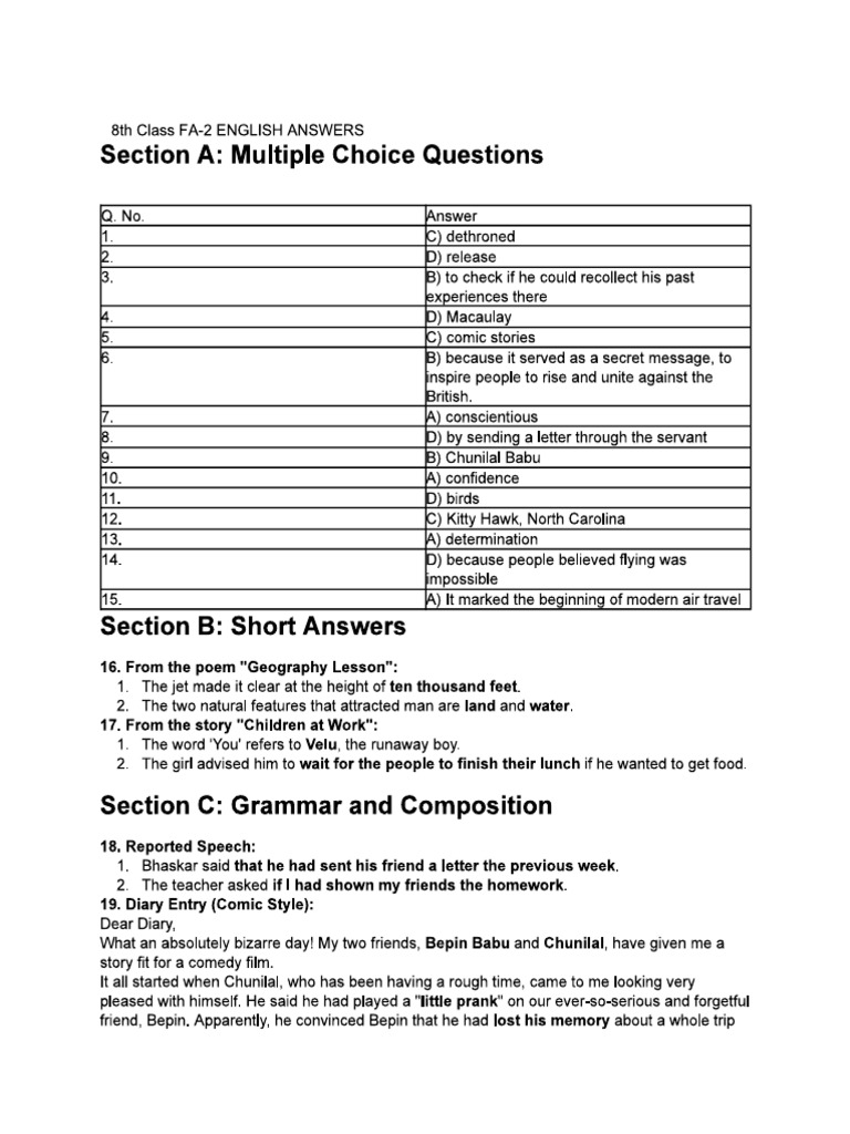 8th Eng Fa2 Key | PDF