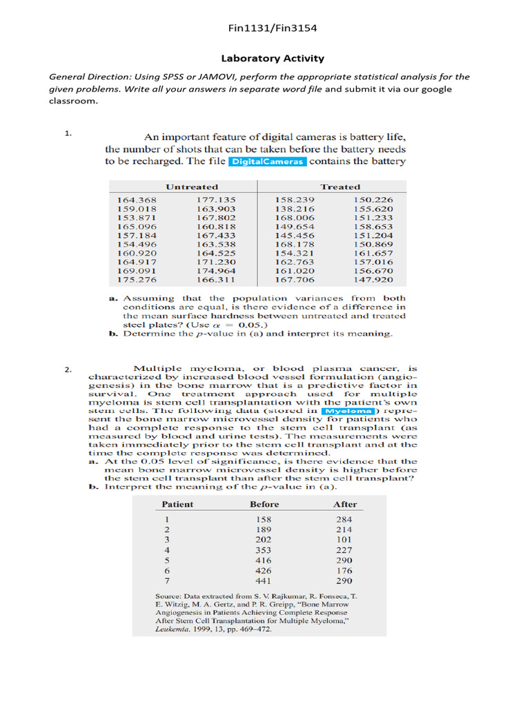 Lab Activity Hypothesis Testing (Two Sample Tests) | PDF