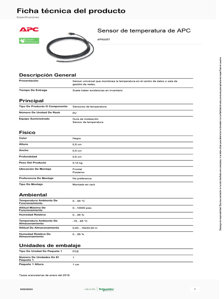 Sensor Temperatura APC AP9335T | PDF | Entorno natural