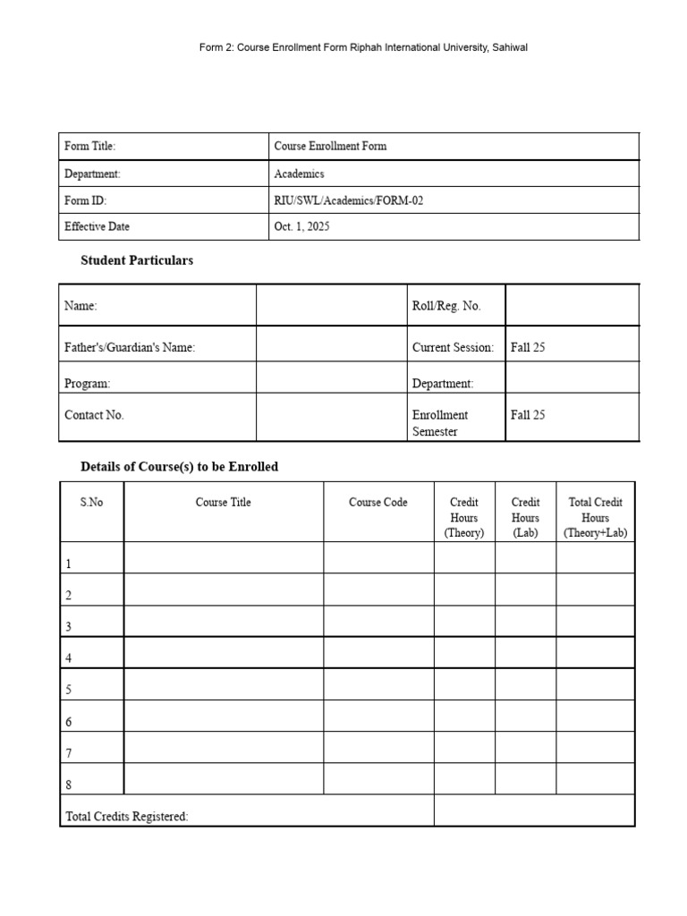 Riphah University Course Enrollment Form | PDF | Course Credit ...