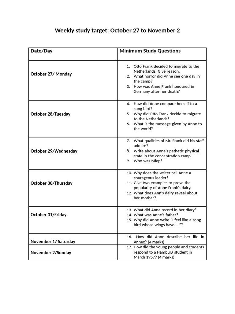 Weekly Study Target, English, October 26 To November 1 | PDF