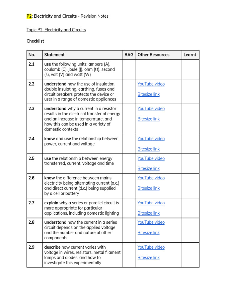 Electricity and Circuits Revision Guide | PDF | Electric Current | Voltage