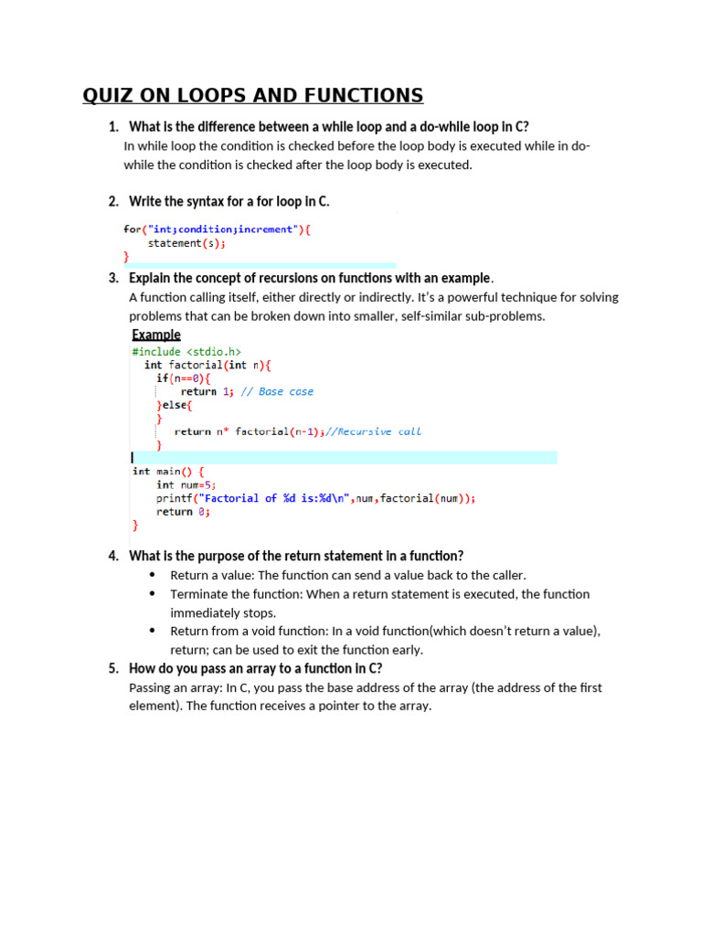 Quiz On Loops and Functions | PDF
