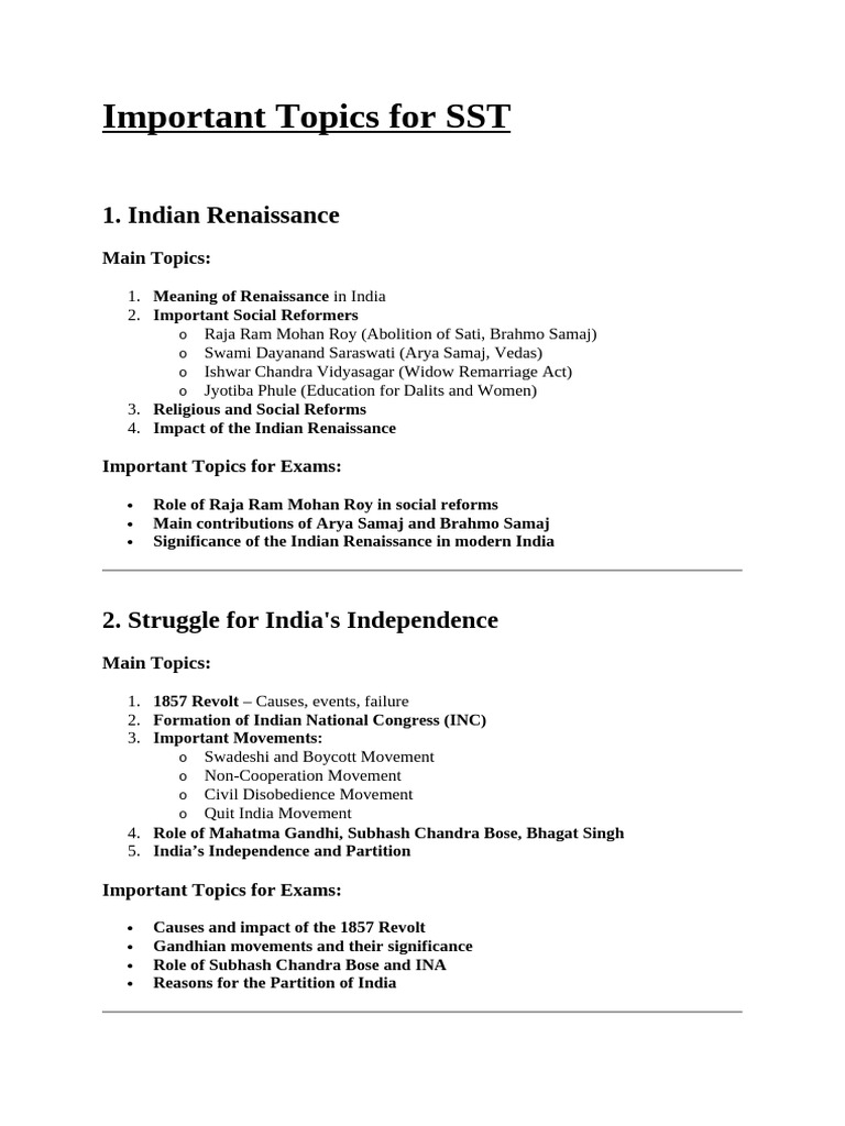 Important Topics For SST | PDF | Agriculture | Indian Independence Movement
