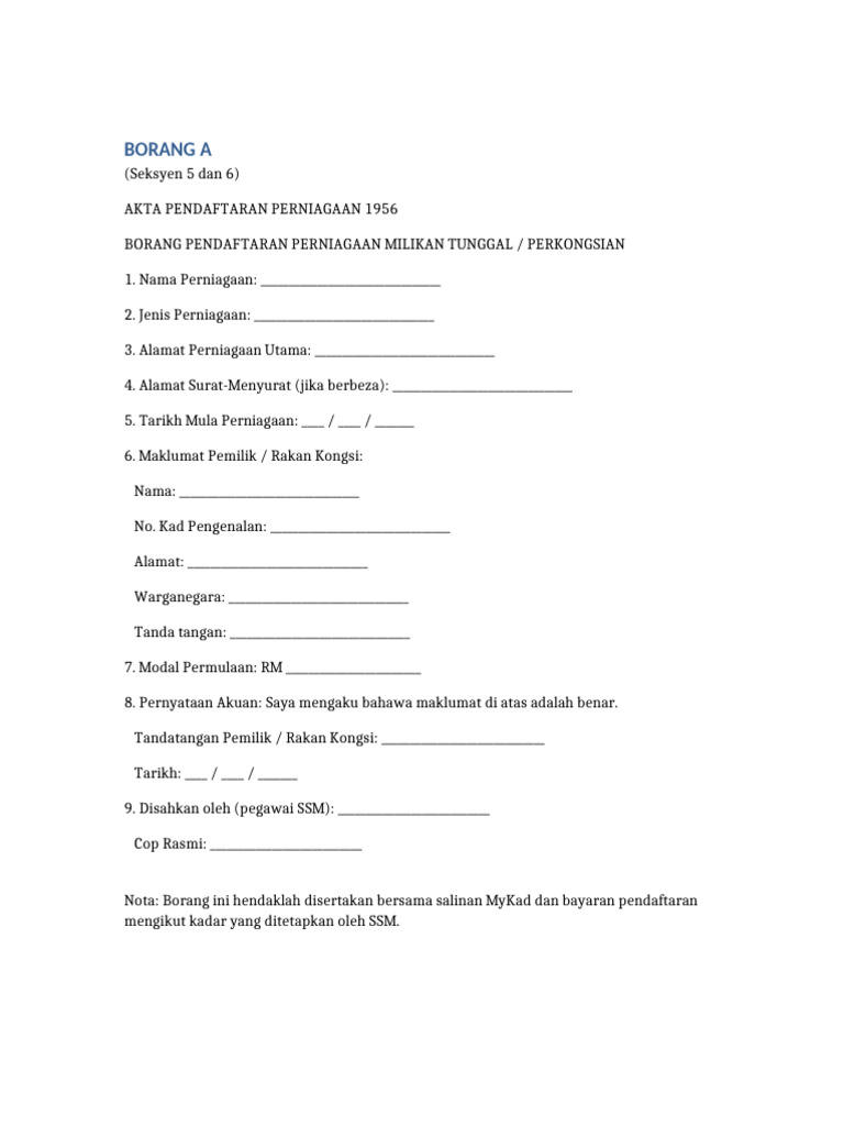 Borang A SSM Template | PDF