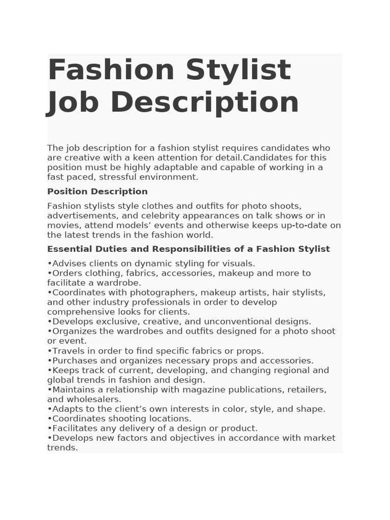 Fashion Stylist Job Description | PDF | Fashion