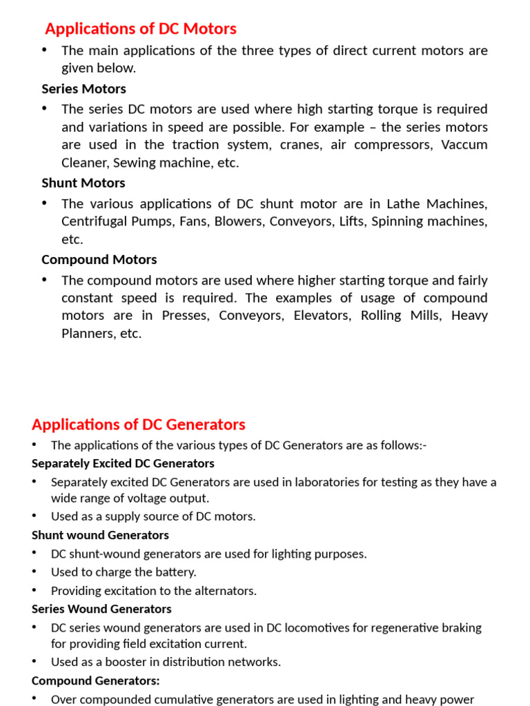 Applications of DC Generators & DC Motors | PDF