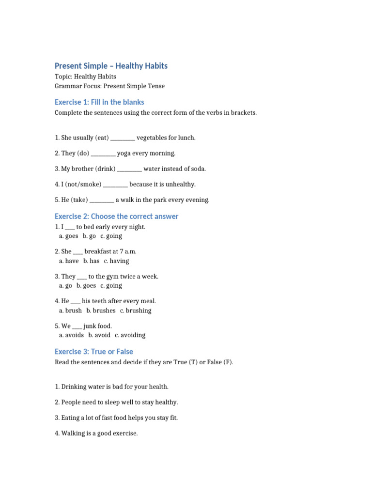 Present Simple: Healthy Habits Exercises | PDF
