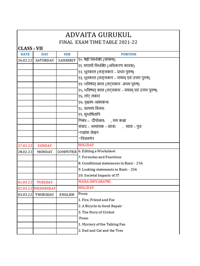 Class VII Final Exam Time Table 2021-22 | PDF | Tropical Cyclone ...
