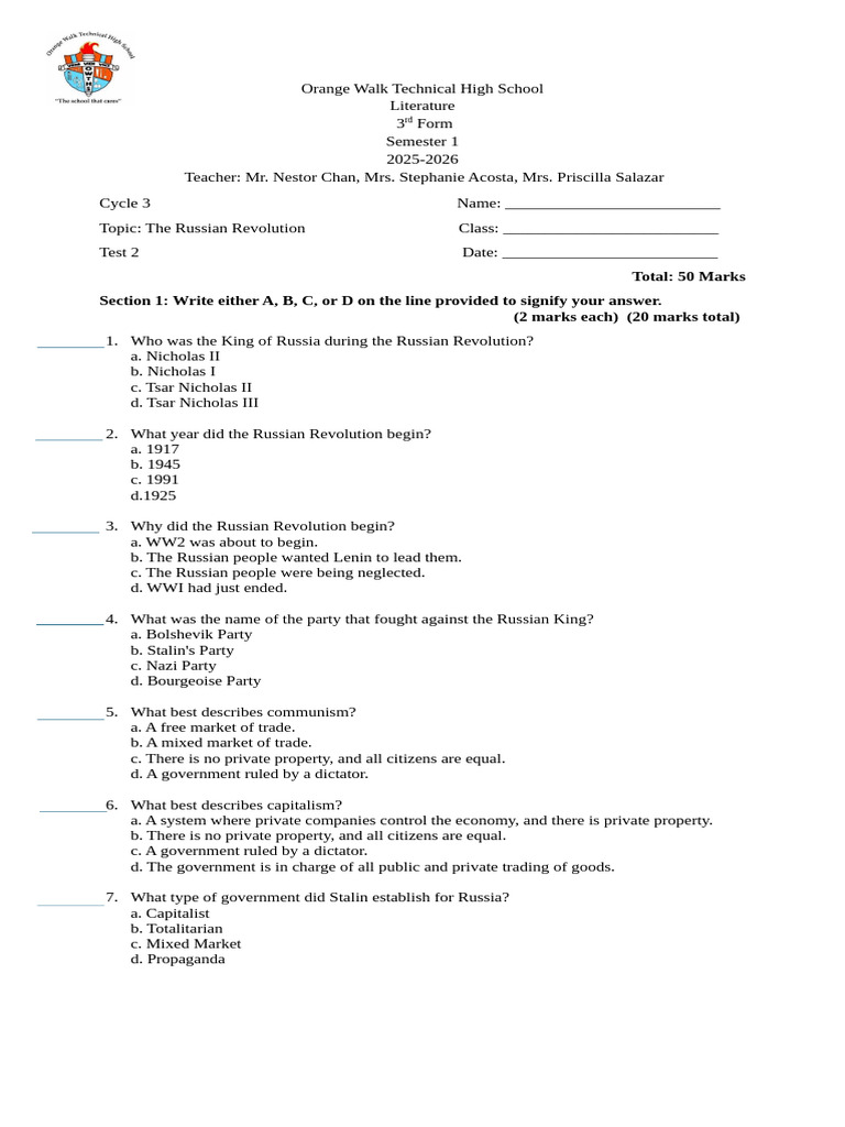 Russian Revolution Test 2 3rd LIT 25-26 | PDF | Russian Revolution ...