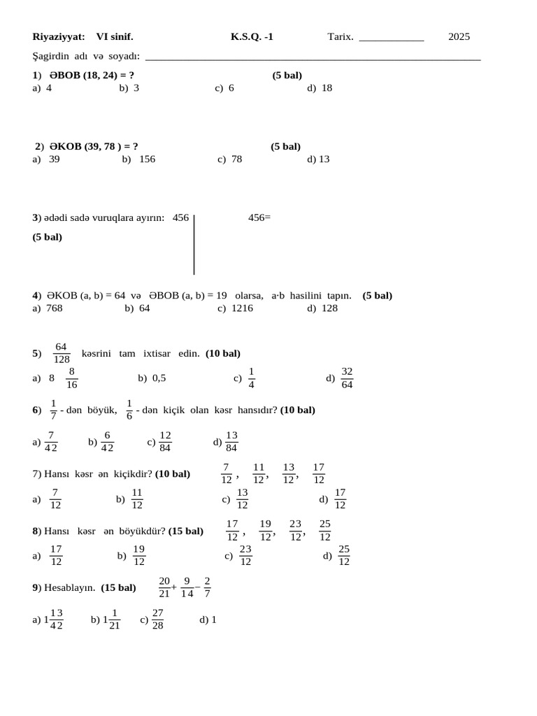 Riyaziyyat 6 Ksq-1 2025 | PDF