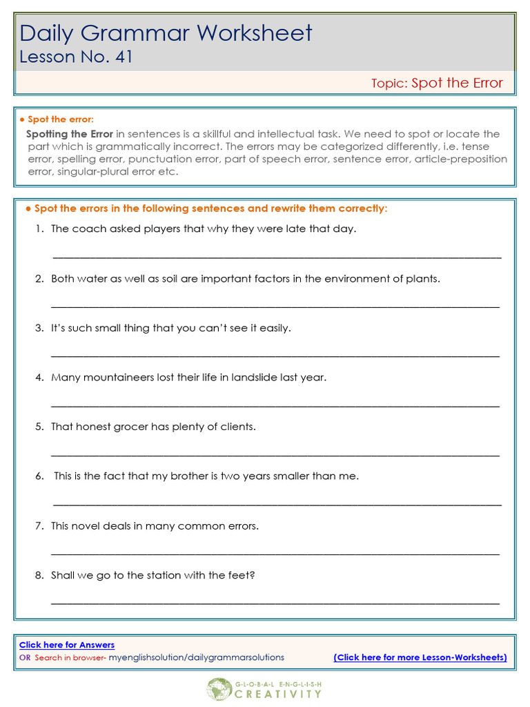 Error Spotting Grammar Worksheet | PDF
