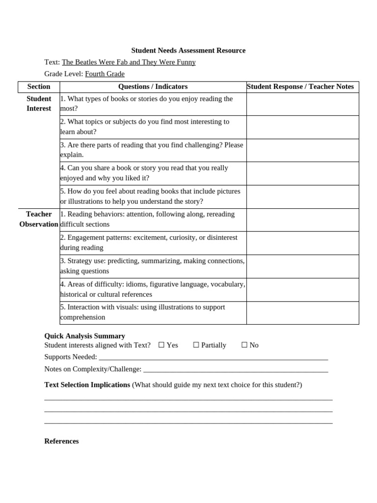 Fourth Grade Reading Needs Assessment | PDF