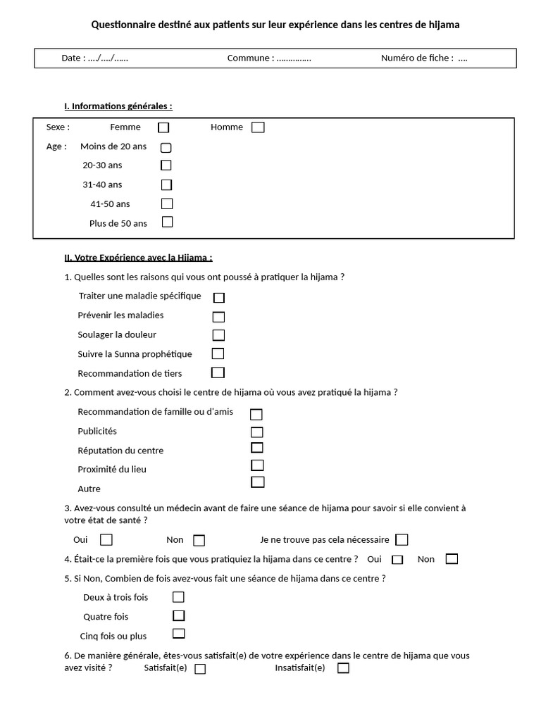 Questionnaire sur l'expérience en hijama | PDF | Maladies et troubles ...