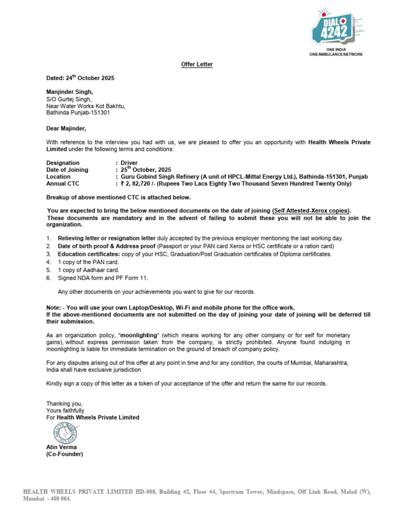 Driver Job Offer Letter - Health Wheels | PDF | Salary