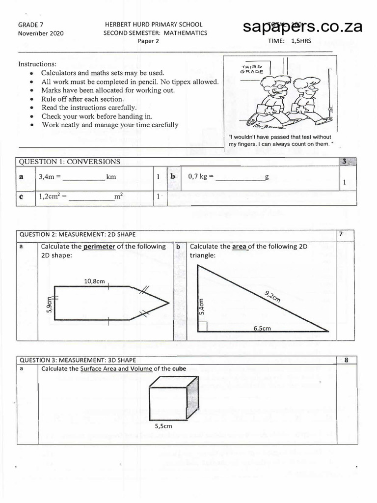 Grade 7 Mathematics Exam Paper 2 | PDF