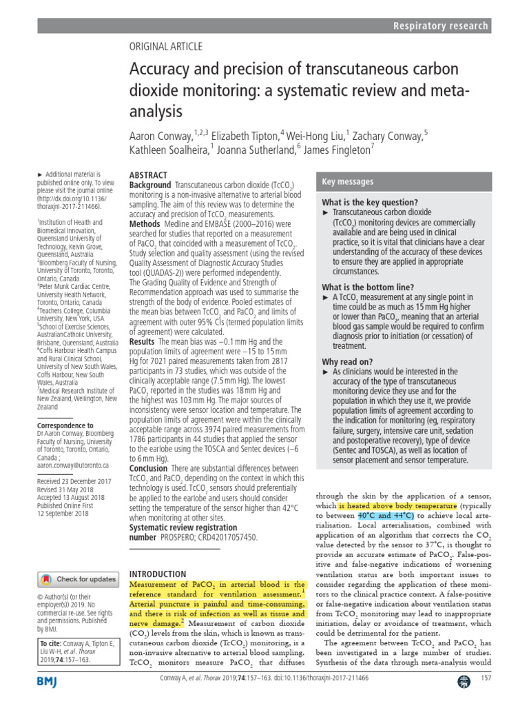TcCO2 Monitoring Accuracy Review | PDF | Meta Analysis | Intensive Care ...