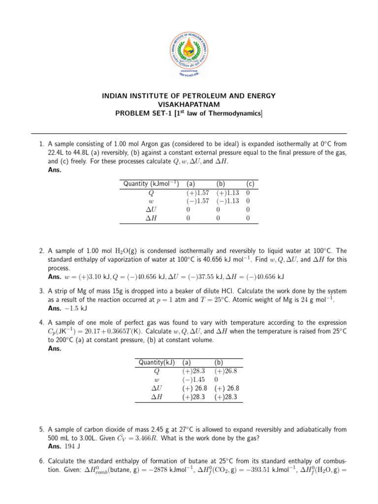 2 - Problem Set - 1st Law Thermo | PDF | Gases | Enthalpy