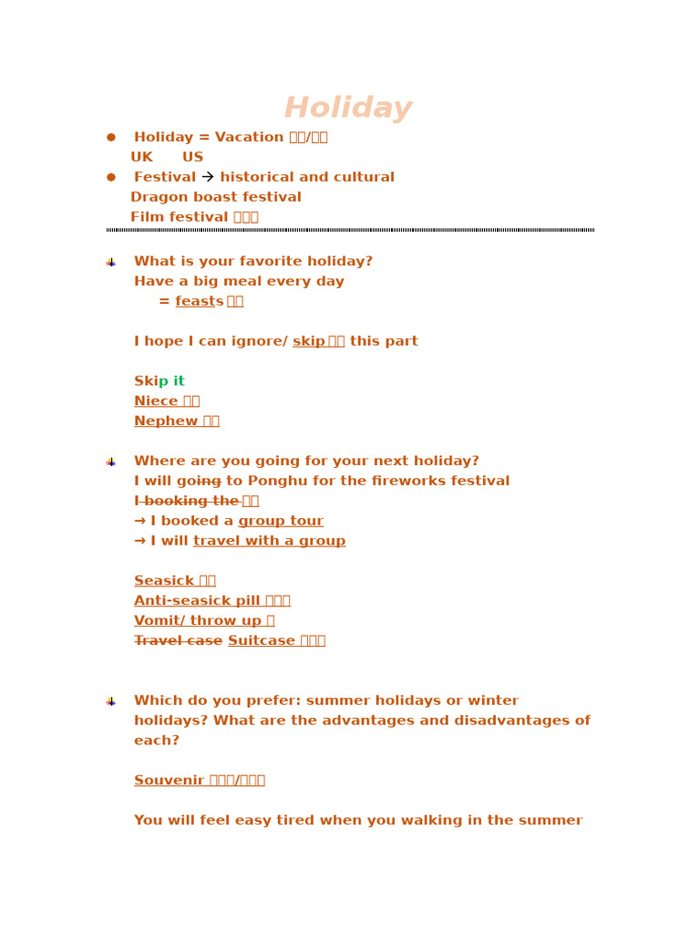 Understanding Holidays: Types and Preferences | PDF